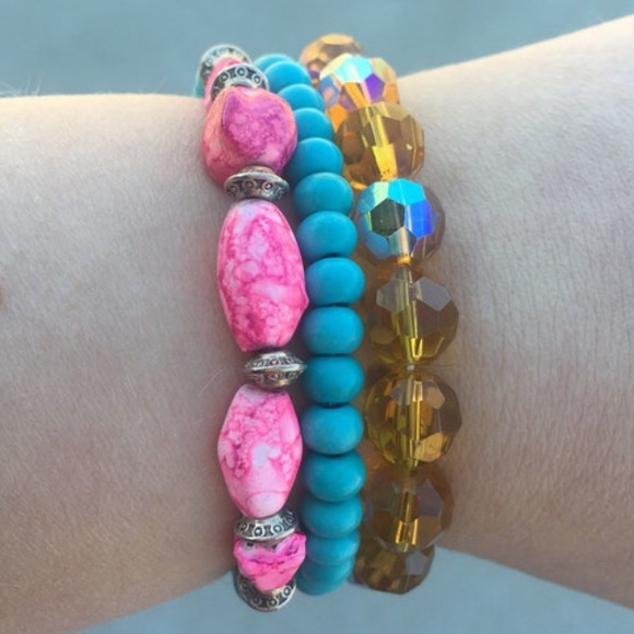 AJM Designs | Jewelry | Yellow Hot Pink Turquoise Bracelet Stack | Poshmark